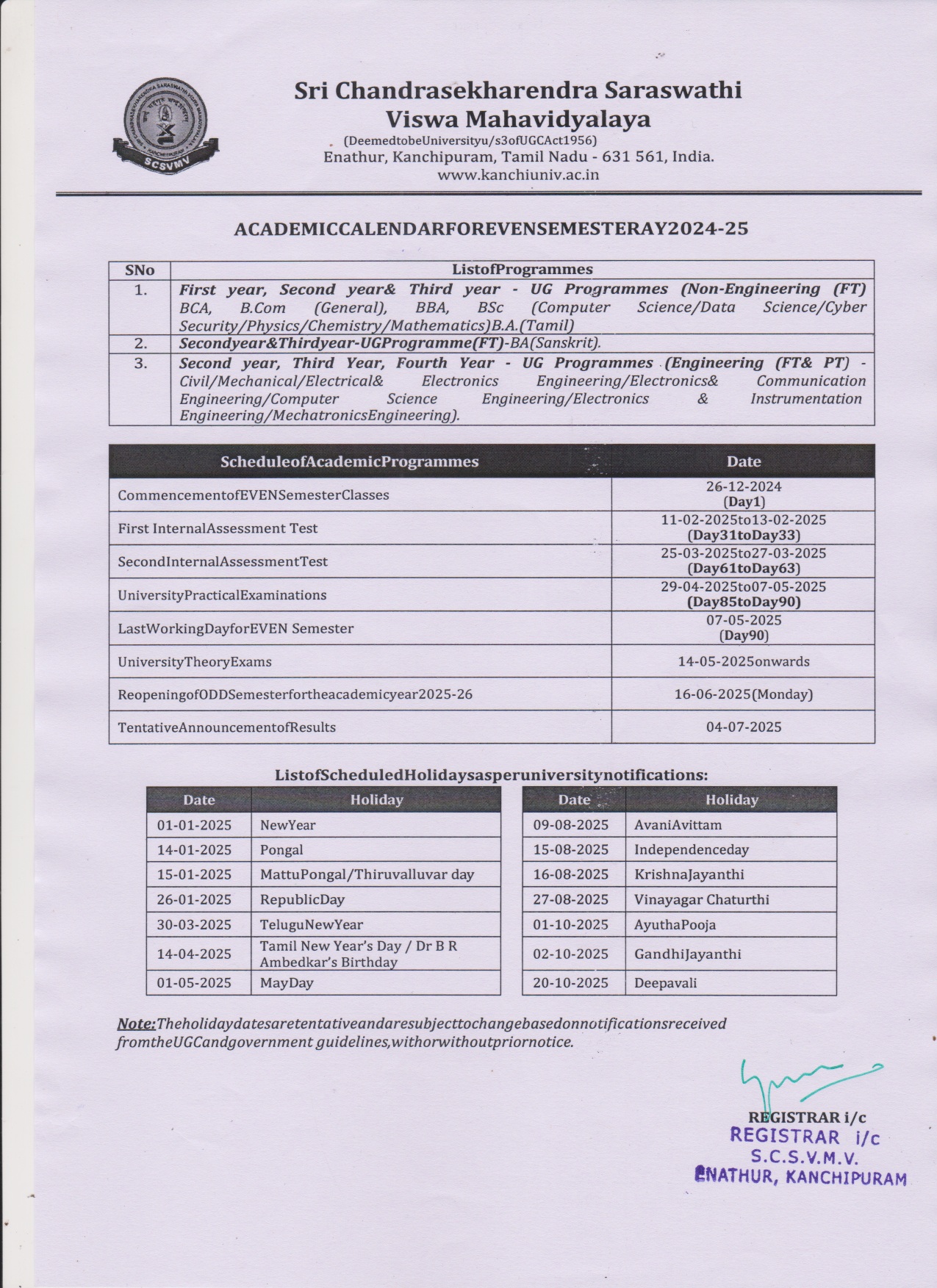Academic calendar - SCSVMV Deemed to be University