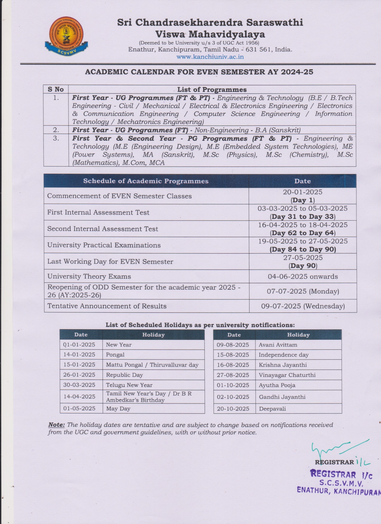 Previous Year Academic Calendar - SCSVMV Deemed to be University