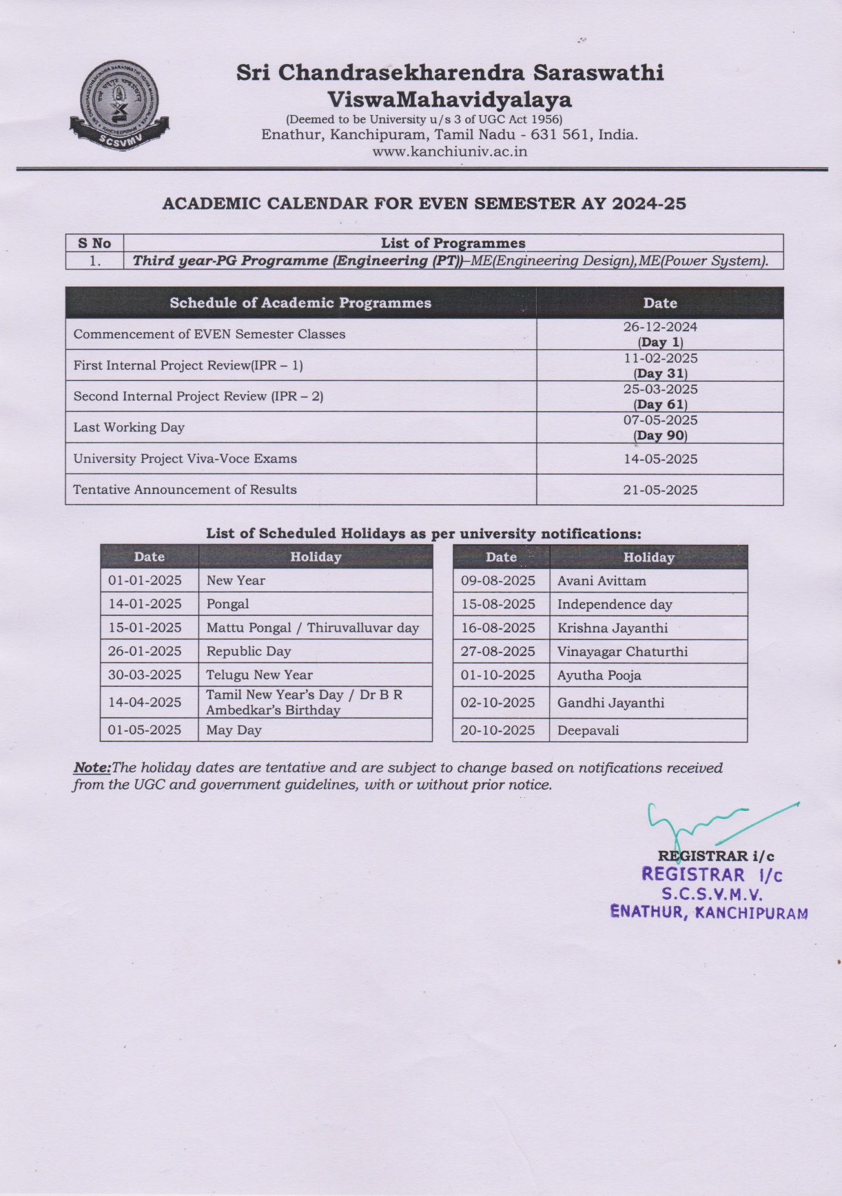 Academic calendar – SCSVMV Deemed to be University