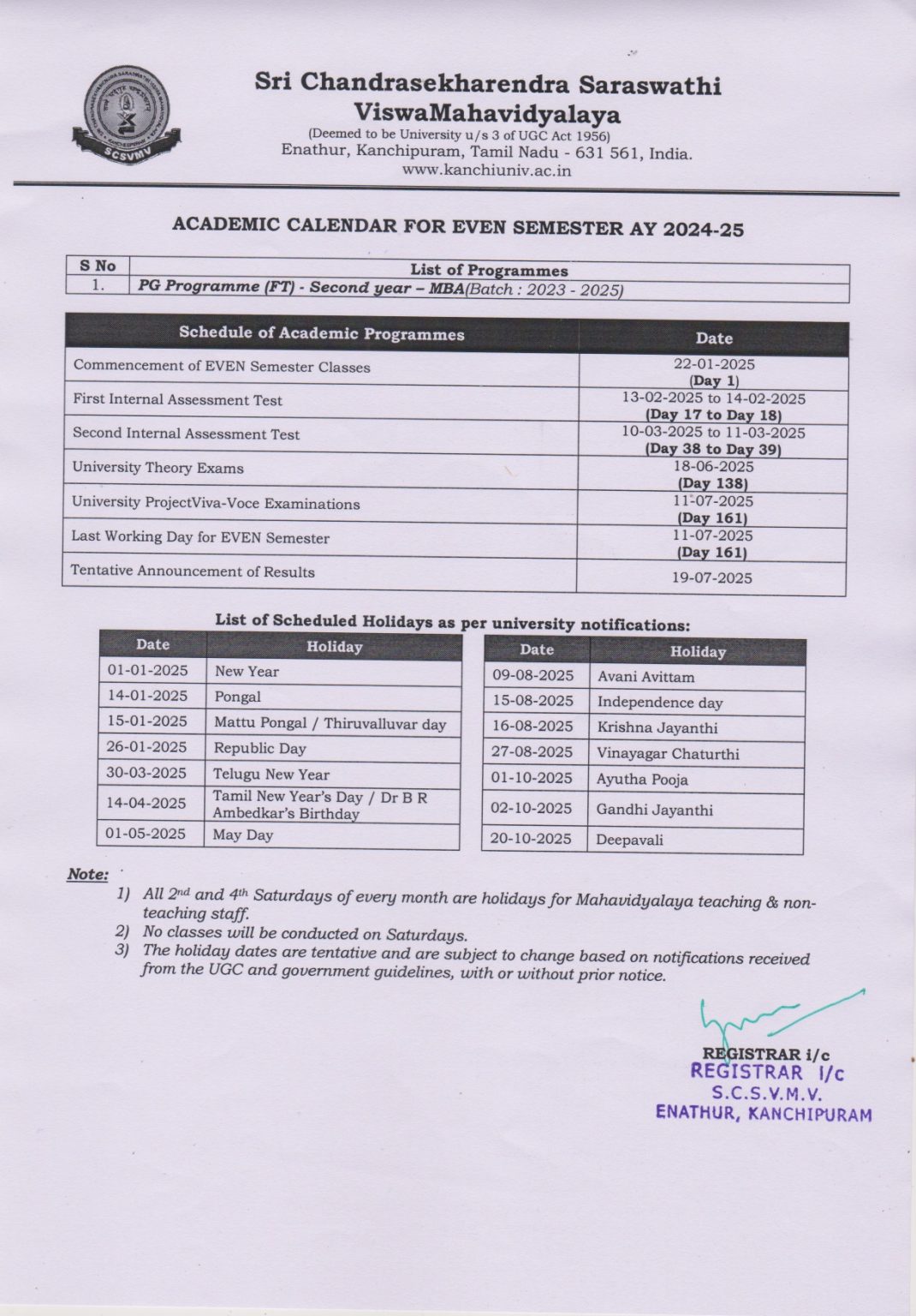 Academic calendar - SCSVMV Deemed to be University