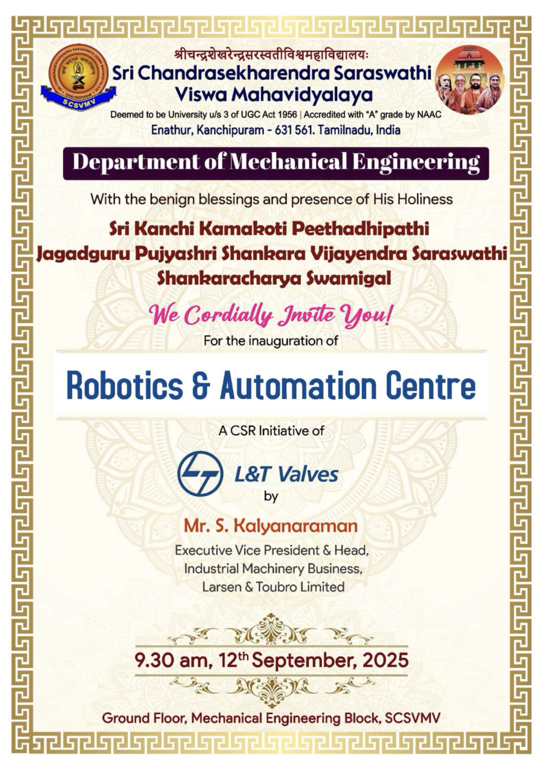Inauguration of the Robotics & Automation Centre - SCSVMV Deemed to be ...